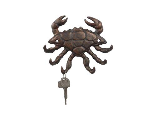 Handcrafted Nautical Decor Rustic Copper Cast Iron Decorative Crab with Six Metal Wall Hooks 7"