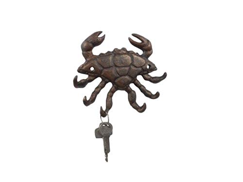 Handcrafted Nautical Decor Rustic Copper Cast Iron Decorative Crab with Six Metal Wall Hooks 7"