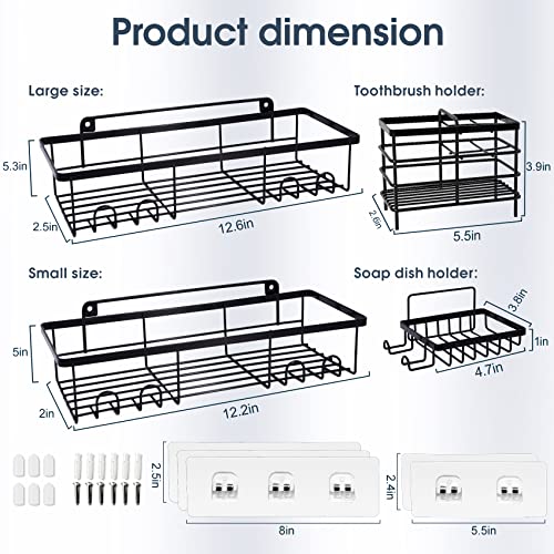 Huryfox 4 Pack Shower Caddy Hanging Bathroom Organizer Shelf Rust Proof Bathtub Accessories, Adhesive Basket Soap Rack Shampoo Toothbrush Holder Wall Organization (Black)