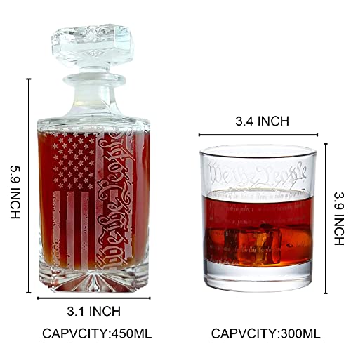 YJGS Whiskey Decanter Engraved We The People American Flag Decanter Set with 2 Glasses for Liquor Scotch Bourbon or Wine, Father's Day Patriotic Gift