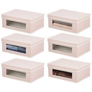 mdesign fabric stackable slim shelf storage organizer box with window/attached lid for organizing bedroom closet - holds purses, linens, accessories - jane collection - 6 pack, pink/white