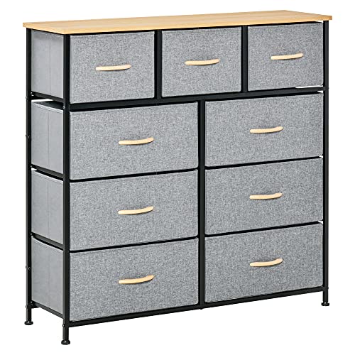 HOMCOM 9 Drawers Storage Chest Dresser Organizer Unit w/Steel Frame, Wood Top, Easy Pull Fabric Bins, for Bedroom, Hallway, Closet, Entryway, Oak & Grey