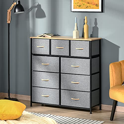 HOMCOM 9 Drawers Storage Chest Dresser Organizer Unit w/Steel Frame, Wood Top, Easy Pull Fabric Bins, for Bedroom, Hallway, Closet, Entryway, Oak & Grey