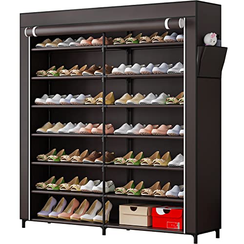 YIZAIJIA 7-Tier Shoe Rack Storage Organizer 42 Pairs Portable Double Row with Dustproof Cover Non-Woven Shoe Storage Cabinet (Coffee)