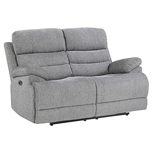 Pemberly Row Electric Loveseat Recliner with Adjustable Headrest, Power Sofa Recliner with USB Charging Ports in Gray Chenille Fabric, Upholstered Reclining Couch for Living Room Home Office Theatre