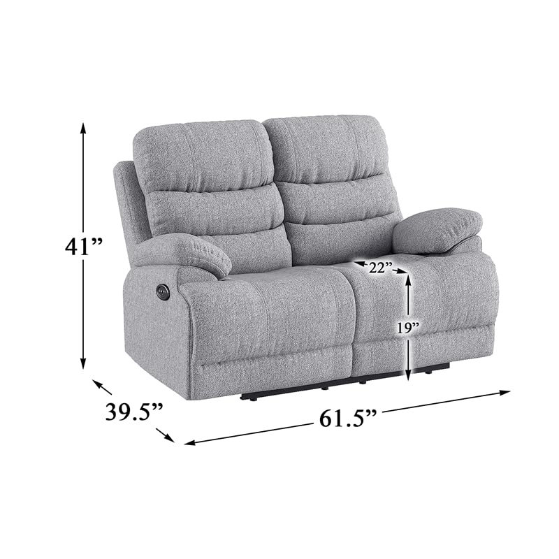 Pemberly Row Electric Loveseat Recliner with Adjustable Headrest, Power Sofa Recliner with USB Charging Ports in Gray Chenille Fabric, Upholstered Reclining Couch for Living Room Home Office Theatre