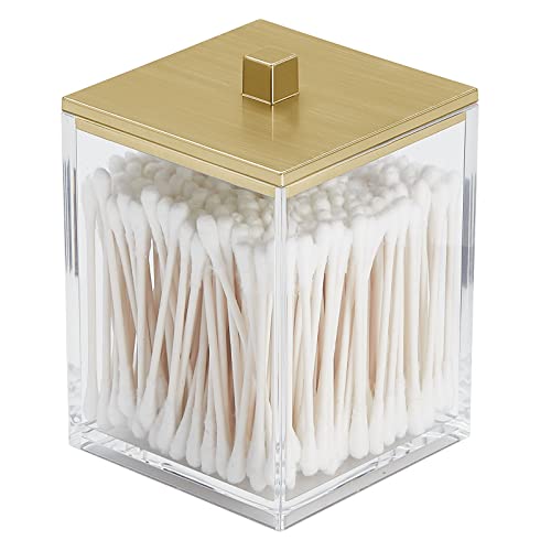 mDesign Modern Square Bathroom Vanity Countertop Storage Organizer Canister Jar for Cotton Swabs, Rounds, Balls, Makeup Sponges, Bath Salts - Clear/Soft Brass