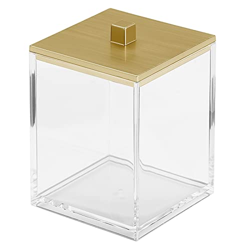 mDesign Modern Square Bathroom Vanity Countertop Storage Organizer Canister Jar for Cotton Swabs, Rounds, Balls, Makeup Sponges, Bath Salts - Clear/Soft Brass