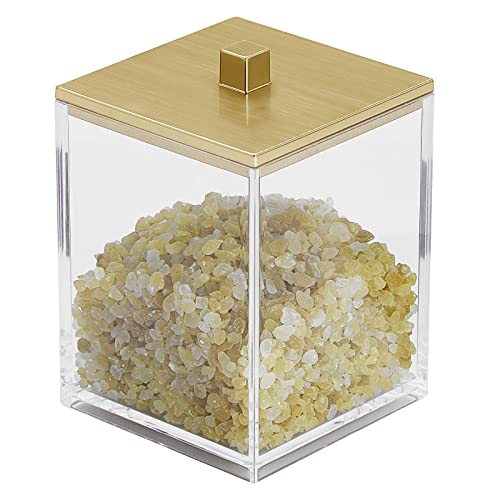 mDesign Modern Square Bathroom Vanity Countertop Storage Organizer Canister Jar for Cotton Swabs, Rounds, Balls, Makeup Sponges, Bath Salts - Clear/Soft Brass