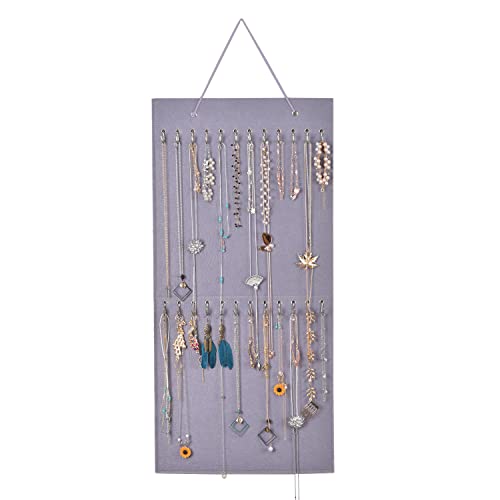 Jewelry Storage Hanging Organizers Large Capacity Wall Mounted Jewelry Organizer Holder Storage with 24 Hooks and Rope Necklace Storage Rack (Style1-Grey)