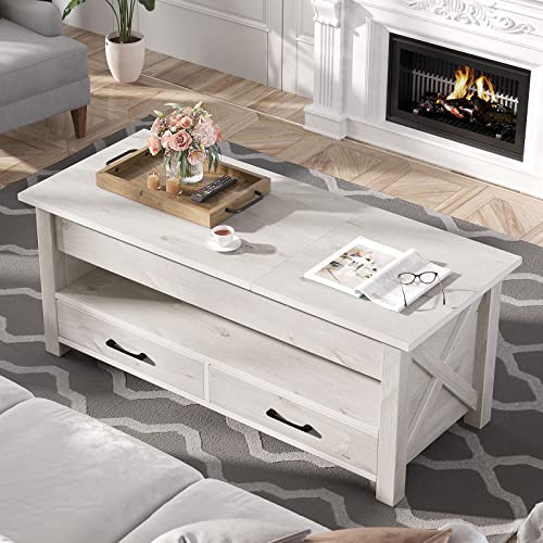 Seventable Coffee Table, 47.2" Lift Top Coffee Table with 2 Storage Drawers and Hidden Compartment, X Wood Farmhouse Support, Retro Center Table with Wooden Lift Tabletop, for Living Room,Gray