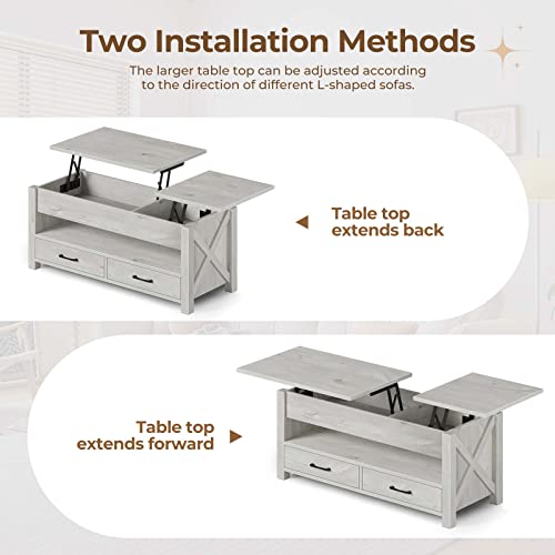 Seventable Coffee Table, 47.2" Lift Top Coffee Table with 2 Storage Drawers and Hidden Compartment, X Wood Farmhouse Support, Retro Center Table with Wooden Lift Tabletop, for Living Room,Gray