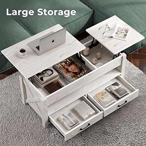 Seventable Coffee Table, 47.2" Lift Top Coffee Table with 2 Storage Drawers and Hidden Compartment, X Wood Farmhouse Support, Retro Center Table with Wooden Lift Tabletop, for Living Room,Gray