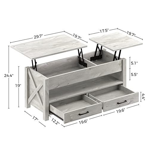 Seventable Coffee Table, 47.2" Lift Top Coffee Table with 2 Storage Drawers and Hidden Compartment, X Wood Farmhouse Support, Retro Center Table with Wooden Lift Tabletop, for Living Room,Gray