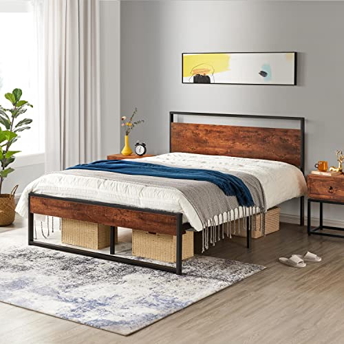 Yaheetech Full Metal Platform Bed Frame with Rustic Wooden Headboard and Footboard, Mattress Foundation/No Box Spring Needed/12 Inch Underbed Storage/Slats Support/No Noise/Easy Assembly, Mahogany