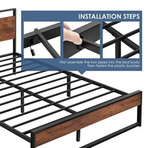 Yaheetech Full Metal Platform Bed Frame with Rustic Wooden Headboard and Footboard, Mattress Foundation/No Box Spring Needed/12 Inch Underbed Storage/Slats Support/No Noise/Easy Assembly, Mahogany