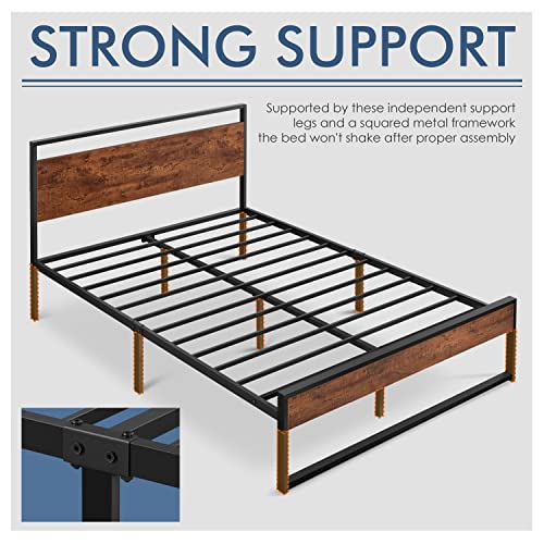 Yaheetech Full Metal Platform Bed Frame with Rustic Wooden Headboard and Footboard, Mattress Foundation/No Box Spring Needed/12 Inch Underbed Storage/Slats Support/No Noise/Easy Assembly, Mahogany