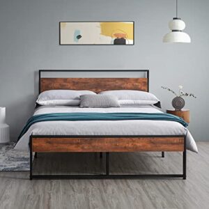 Yaheetech Full Metal Platform Bed Frame with Rustic Wooden Headboard and Footboard, Mattress Foundation/No Box Spring Needed/12 Inch Underbed Storage/Slats Support/No Noise/Easy Assembly, Mahogany