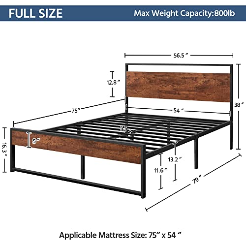 Yaheetech Full Metal Platform Bed Frame with Rustic Wooden Headboard and Footboard, Mattress Foundation/No Box Spring Needed/12 Inch Underbed Storage/Slats Support/No Noise/Easy Assembly, Mahogany