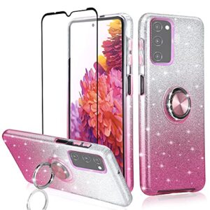 fzloo for samsung galaxy s20 fe case with 1 pack screen protector, shiny cute glitter tpu silicone bling sparkle shockproof protective cover with ring kickstand for samsung galaxy s20 fe 5g (pink)