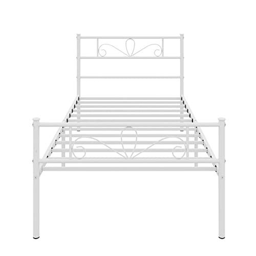 MTB 12 Inch Premium Twin Size Bed Frame Metal Platform Mattress Foundation, with Headboard and Footboard, Heavy Duty Iron Slats Easy Assembly, White