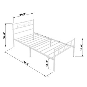 MTB 12 Inch Premium Twin Size Bed Frame Metal Platform Mattress Foundation, with Headboard and Footboard, Heavy Duty Iron Slats Easy Assembly, White