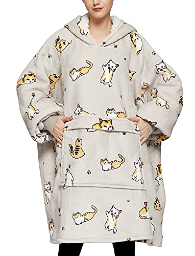 KFUBUO Wearable Blanket Hoodie for Adults Sherpa All Patterns Cat Oversized Sweatshirt Blanket with Pockets for Women