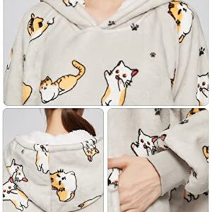 KFUBUO Wearable Blanket Hoodie for Adults Sherpa All Patterns Cat Oversized Sweatshirt Blanket with Pockets for Women