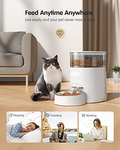 Faroro Automatic Cat Feeders, 4L Cat Dry Food Dispenser, Automatic Pet Feeders for Cats and Dogs with Portion Control, Schedule 1-6 Meals per Day, 10s Customized Voice Recording, Dual-Power Supply