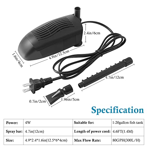 FEDOUR 4W 5W Adjustable Aquarium Internal Filter, Submersible Filter with Spray Bar, Water Pump for 1-40 Gallon Fish and Turtle Tank (for 1-20 gallon)