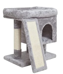 syandlvy small cat tree for indoor cats, modern cat activity tower with plush perch, kittens condo with scratching post and board, cat cave (light grey)