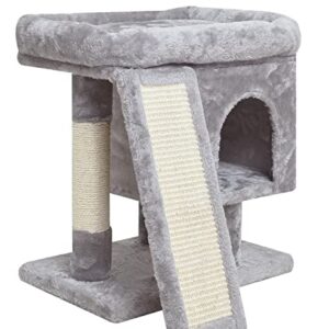 SYANDLVY Small Cat Tree for Indoor Cats, Modern Cat Activity Tower with Plush Perch, Kittens Condo with Scratching Post and Board, Cat Cave (Light Grey)