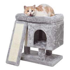 SYANDLVY Small Cat Tree for Indoor Cats, Modern Cat Activity Tower with Plush Perch, Kittens Condo with Scratching Post and Board, Cat Cave (Light Grey)