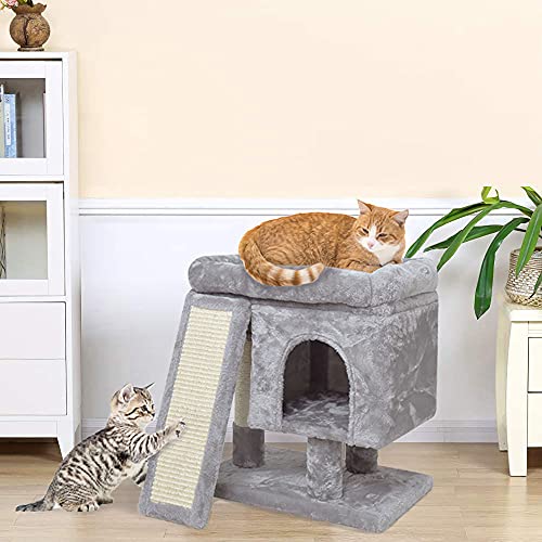 SYANDLVY Small Cat Tree for Indoor Cats, Modern Cat Activity Tower with Plush Perch, Kittens Condo with Scratching Post and Board, Cat Cave (Light Grey)