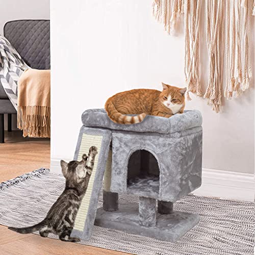 SYANDLVY Small Cat Tree for Indoor Cats, Modern Cat Activity Tower with Plush Perch, Kittens Condo with Scratching Post and Board, Cat Cave (Light Grey)