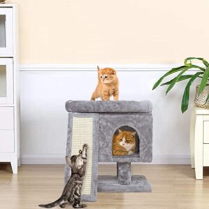 SYANDLVY Small Cat Tree for Indoor Cats, Modern Cat Activity Tower with Plush Perch, Kittens Condo with Scratching Post and Board, Cat Cave (Light Grey)