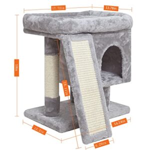 SYANDLVY Small Cat Tree for Indoor Cats, Modern Cat Activity Tower with Plush Perch, Kittens Condo with Scratching Post and Board, Cat Cave (Light Grey)