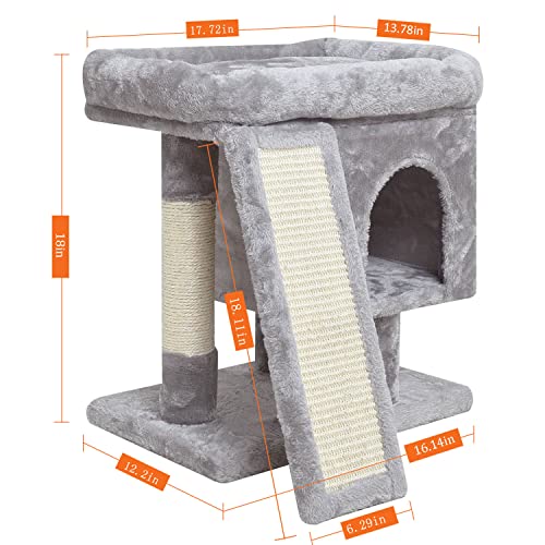 SYANDLVY Small Cat Tree for Indoor Cats, Modern Cat Activity Tower with Plush Perch, Kittens Condo with Scratching Post and Board, Cat Cave (Light Grey)