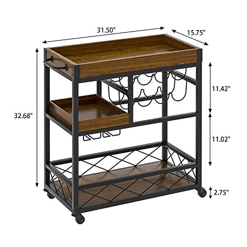 Ohsuaniy Bar Cart Industrial Kitchen Serving Carts for Home 3 Tier Storage Trolley with Wine Rack Glasses Holder Two Portable Trays Universal Casters with Brakes Rustic Rolling Cart Alcoholic Beverage