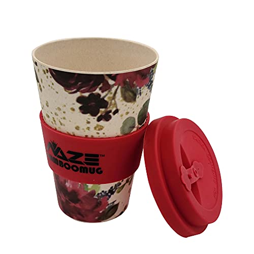 NAZE Eco-Friendly Bamboo Cup Natural Organic Bamboo Fiber Travel Mug, Reusable Coffee Cup, with Silicone Lid & Sleeve, With Rose Print, Bamboo Travel Cup For Coffee Tea or Milk. Pack of 1 Bamboo Mug