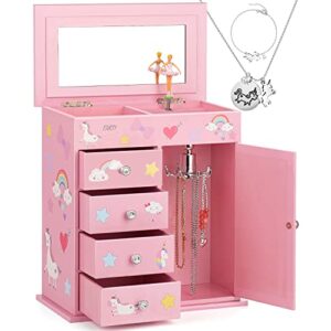 efubaby upgrade jewelry box for girls 5-layer with swing door spinning ballerina unicorn &castle design unicorn jewelry set included kids jewelry box for little girls birthday valentine gift pink