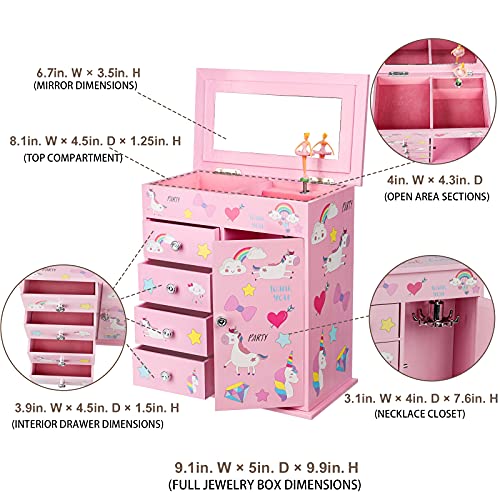 efubaby Upgrade Jewelry Box for Girls 5-Layer with Swing Door Spinning Ballerina Unicorn &Castle Design Unicorn Jewelry Set Included Kids Jewelry Box for Little Girls Birthday Valentine Gift Pink