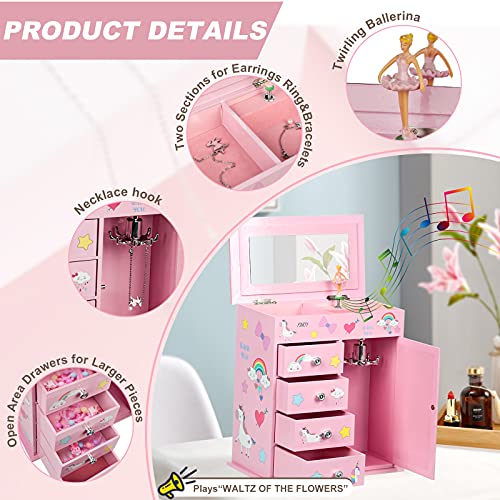 efubaby Upgrade Jewelry Box for Girls 5-Layer with Swing Door Spinning Ballerina Unicorn &Castle Design Unicorn Jewelry Set Included Kids Jewelry Box for Little Girls Birthday Valentine Gift Pink