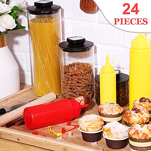 24 Pieces Squeeze Bottle Caps With Twist On Cap Lids Squeeze Bottle Tips Cover Cap Plastic Squeeze Bottles Dust Cap Colorful Ketchup Bottle Caps for Ketchup Olive Oil Bottle, Red, Yellow, Transparent