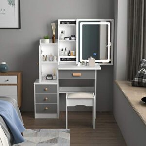 fufu&gaga vanity set makeup vanity dressing table with sliding lighted mirror, 4 drawers & shelves, dresser desk and cushioned stool set (white/grey)