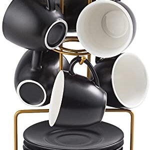 YHOSSEUN 3 Ounces Espresso Cups with Saucers Set, Porcelain Latte Cups and Metal Stand Demitasse Cups for Espresso, Latte, Cafe Mocha, Cappuccino and Tea, Set of 6, Black