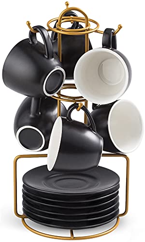 YHOSSEUN 3 Ounces Espresso Cups with Saucers Set, Porcelain Latte Cups and Metal Stand Demitasse Cups for Espresso, Latte, Cafe Mocha, Cappuccino and Tea, Set of 6, Black