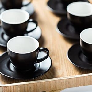 YHOSSEUN 3 Ounces Espresso Cups with Saucers Set, Porcelain Latte Cups and Metal Stand Demitasse Cups for Espresso, Latte, Cafe Mocha, Cappuccino and Tea, Set of 6, Black