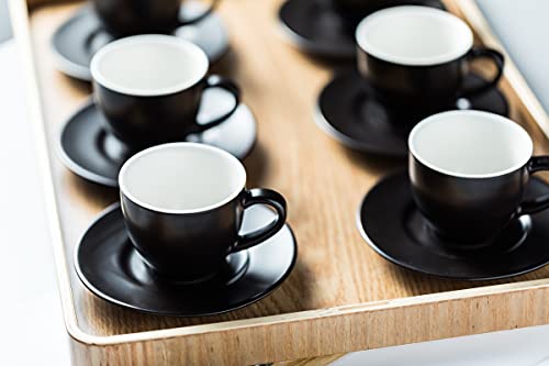 YHOSSEUN 3 Ounces Espresso Cups with Saucers Set, Porcelain Latte Cups and Metal Stand Demitasse Cups for Espresso, Latte, Cafe Mocha, Cappuccino and Tea, Set of 6, Black