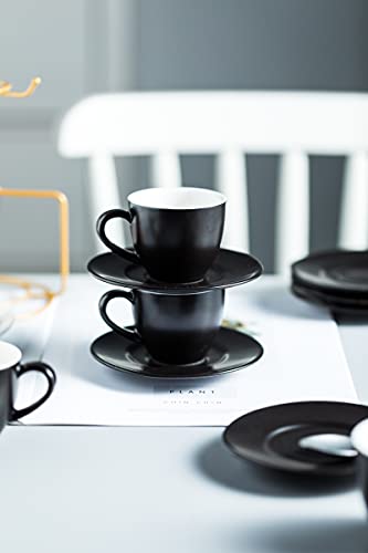 YHOSSEUN 3 Ounces Espresso Cups with Saucers Set, Porcelain Latte Cups and Metal Stand Demitasse Cups for Espresso, Latte, Cafe Mocha, Cappuccino and Tea, Set of 6, Black